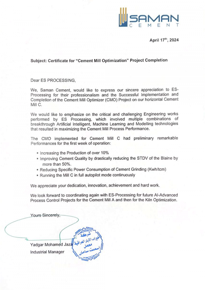 ES Processing | Saman Cement – Iraq (2024): AI/APC Cement Mill ...